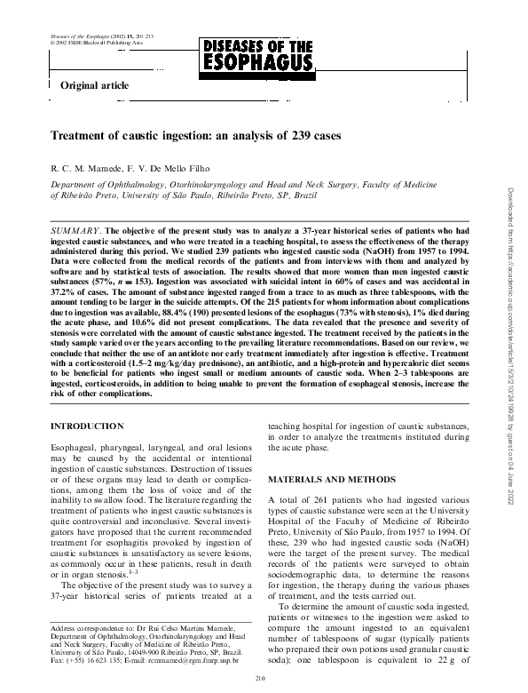 (PDF) Treatment of caustic ingestion: an analysis of 239 cases