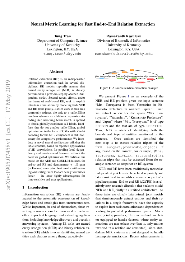 Neural Metric Learning For Fast End To End Relation Extraction