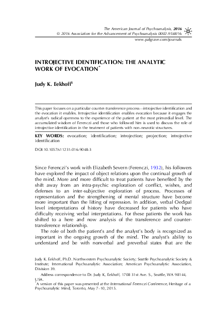 (PDF) Introjective identification: the analytic work of evocation*
