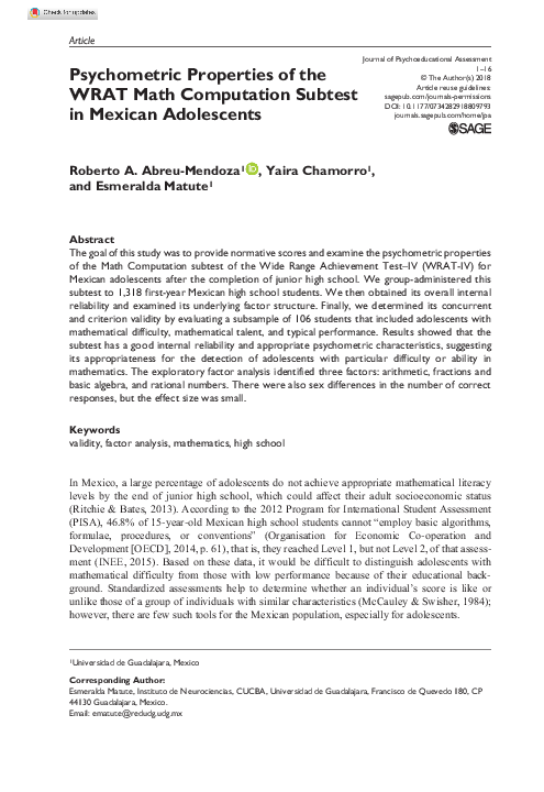 (PDF) Psychometric Properties of the WRAT Math Computation Subtest in ...