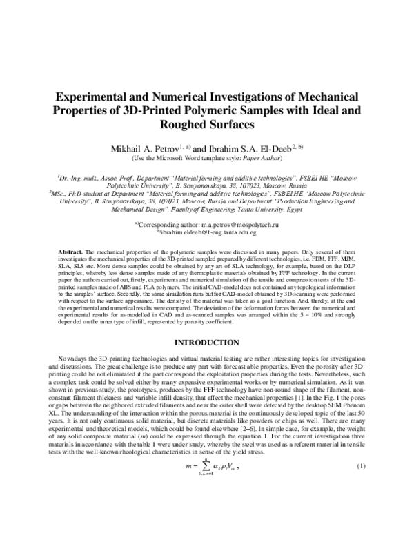 (PDF) Experimental and Numerical Investigations of Mechanical Properties of 3D-Printed Polymeric ...