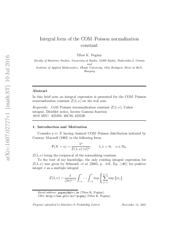 (PDF) Integral form of the COM–Poisson renormalization constant