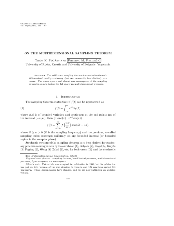(PDF) On the multidimensional sampling theorem | Tibor Pogany - Academia.edu