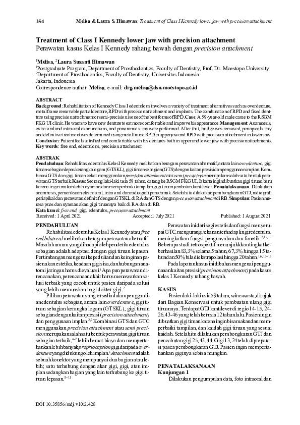 (PDF) Treatment of Class I Kennedy lower jaw with precision attachment