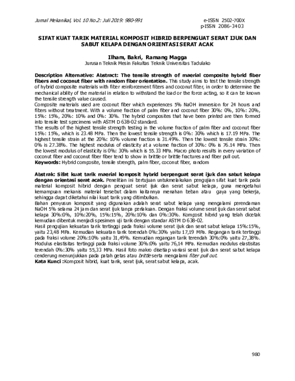 (PDF) Sifat Kuat Tarik Material Komposit Hibrid Berpenguat Serat Ijuk Dan Sabut Kelapa Dengan ...