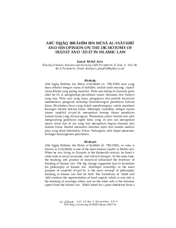 (PDF) Abû Ishâq Ibrâhîm Ibn Mûsâ Al-Syâthibî and His Opinion on the ...