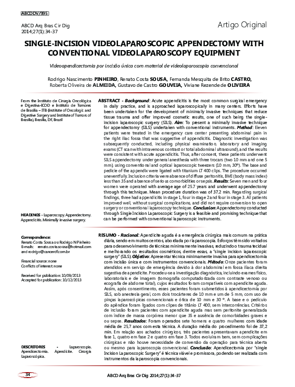 (PDF) Single-incision videolaparoscopic appendectomy with conventional ...
