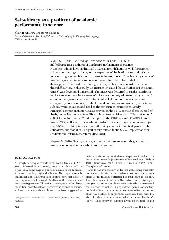(PDF) Self‐efficacy as a predictor of academic performance in science