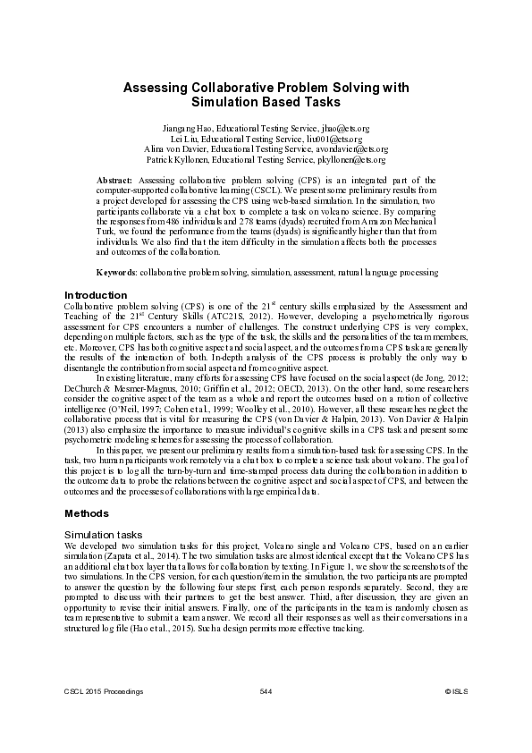Pdf Assessing Collaborative Problem Solving With Simulation Based Tasks