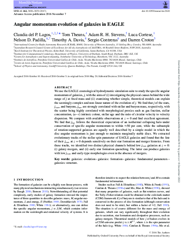 (PDF) Angular momentum evolution of galaxies in EAGLE | Claudia Lagos - Academia.edu