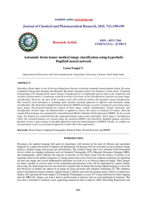 Pdf Automatic Brain Tumor Medical Image Classification Using Hyperbolic Hopfield Neural Network