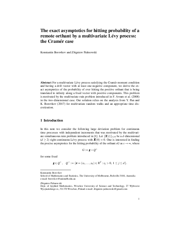 (PDF) The exact asymptotics for hitting probability of a remote orthant by a multivariate Lévy ...