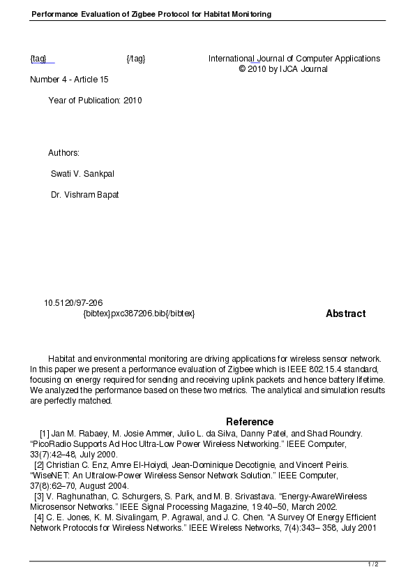 Pdf Performance Evaluation Of Zigbee Protocol For Habitat Monitoring Vishram Bapat