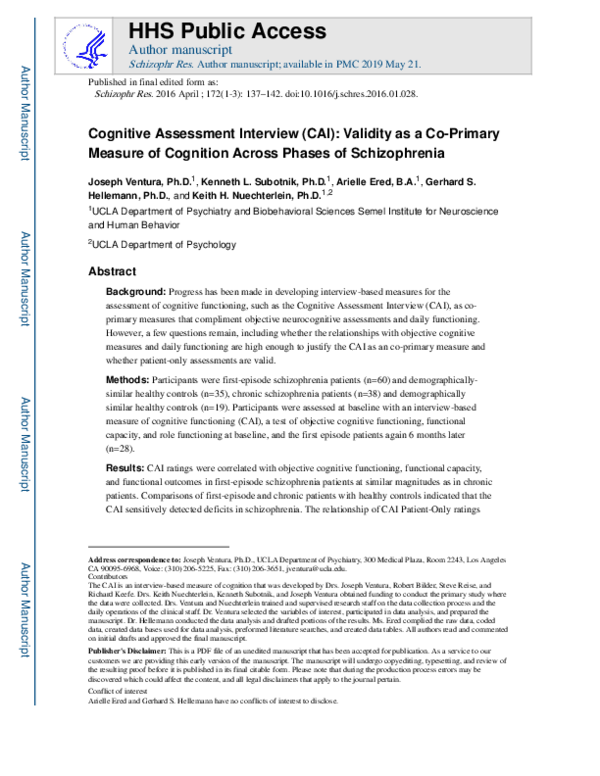 (PDF) Cognitive Assessment Interview (CAI): Validity as a co-primary measure of cognition across ...