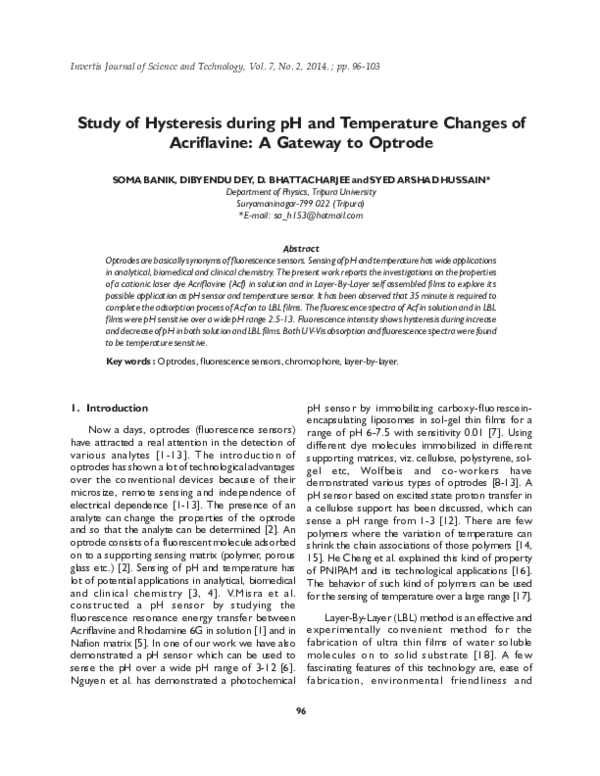 (PDF) Study of Hysteresis during pH and Temperature Changes of Acriflavine: A Gateway to Optrode