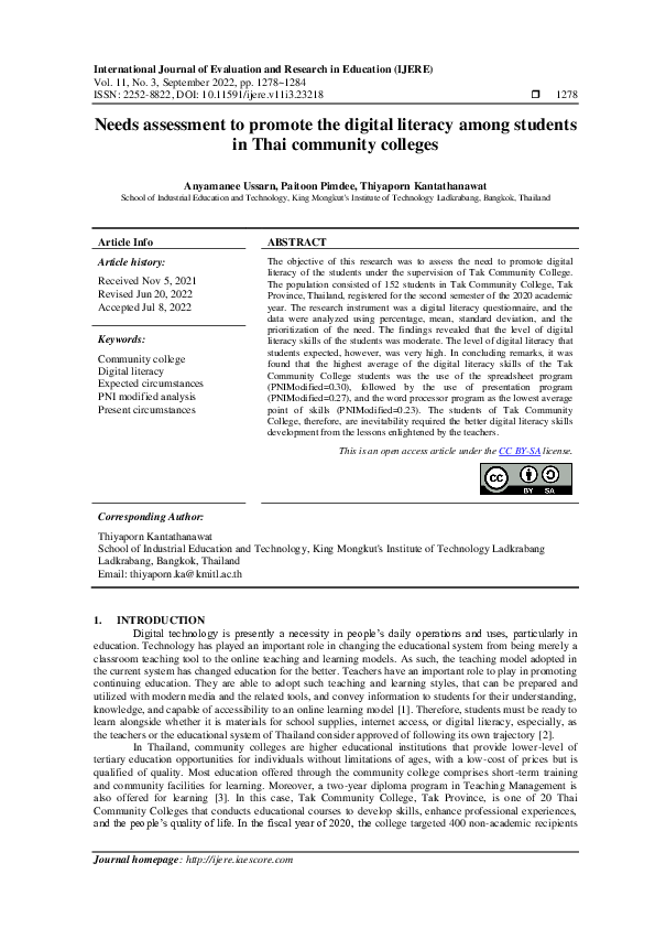(PDF) Needs assessment to promote the digital literacy among students in Thai community colleges