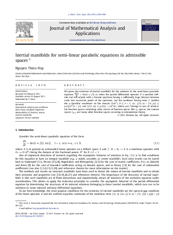 Pdf Inertial Manifolds For Semi Linear Parabolic Equations In Admissible Spaces Nguyen Ngoc