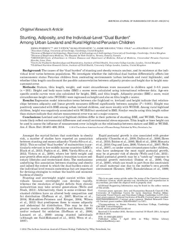 (PDF) Stunting, adiposity, and the individual-level “dual burden” among urban lowland and rural ...