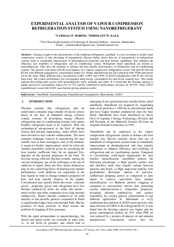 (PDF) Experimental Analysis of Vapour Compression Refrigeration System Using Nanorefrigerant