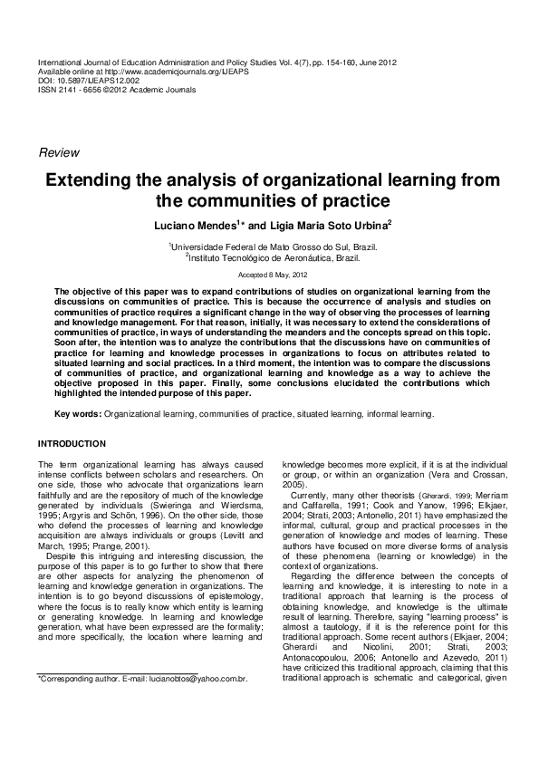 (PDF) Extending the analysis of organizational learning from the communities of practice