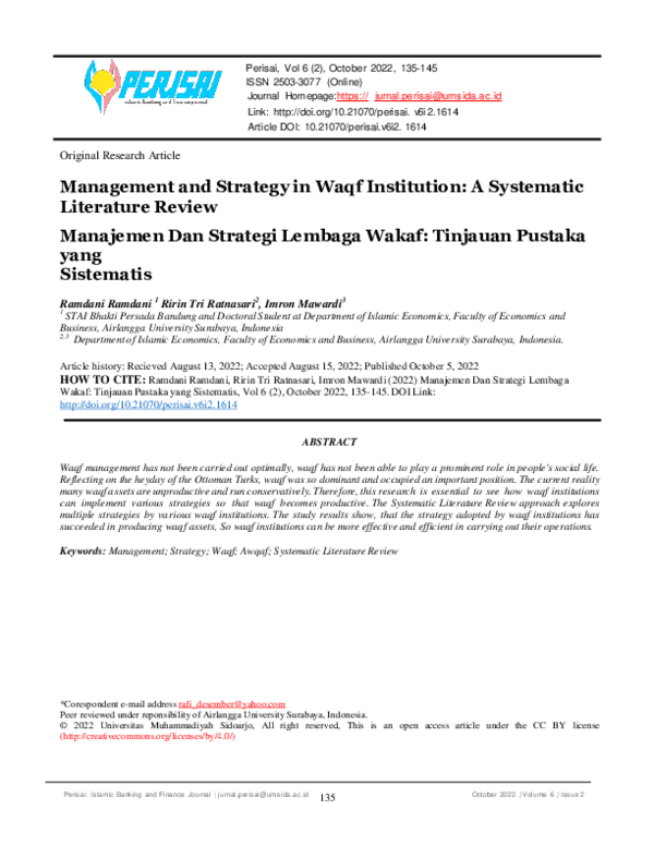 (PDF) Management And Strategy In Waqf Institution: A Systematic Literature Review | ririn tri ...
