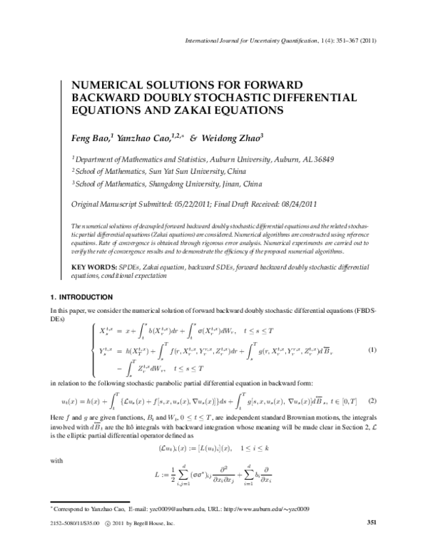 Pdf Numerical Solutions For Forward Backward Doubly Stochastic Differential Equations And