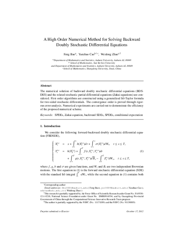 Pdf A High Order Numerical Method For Solving Backward Doubly