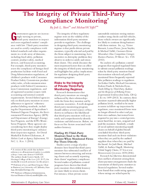 (PDF) The Integrity of Private Third-Party Compliance Monitoring