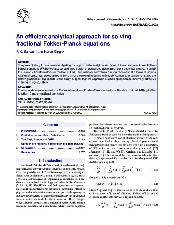 (PDF) An efficient analytical approach for solving fractional Fokker ...