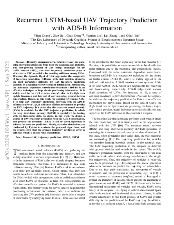 Pdf Recurrent Lstm Based Uav Trajectory Prediction With Ads B