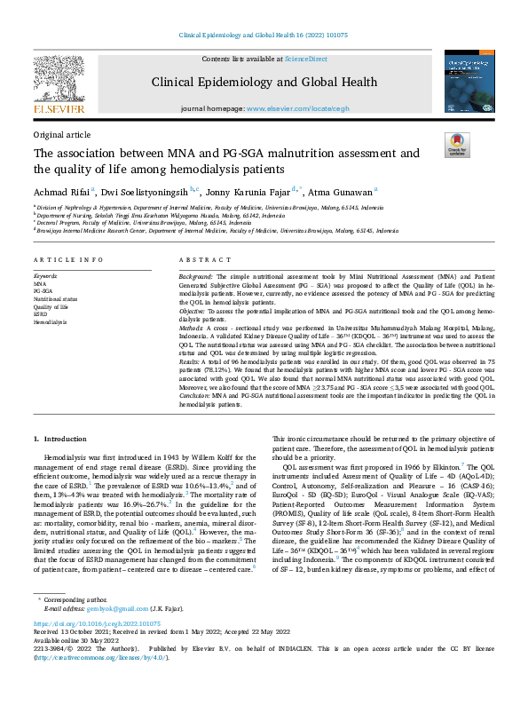 Pdf The Association Between Mna And Pg Sga Malnutrition Assessment And The Quality Of Life