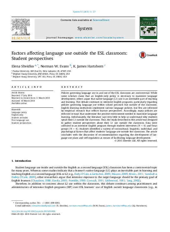 (PDF) Factors affecting language use outside the ESL classroom: Student perspectives