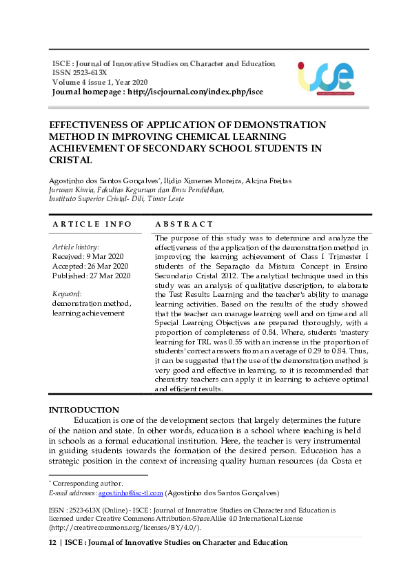 (PDF) Effectiveness of Application of Demonstration Method in Improving Chemical Learning ...