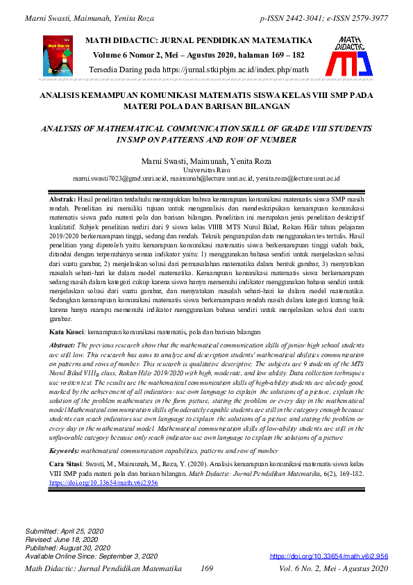 (PDF) Analysis of mathematical communication skill of grade viii students in smp on patterns and ...