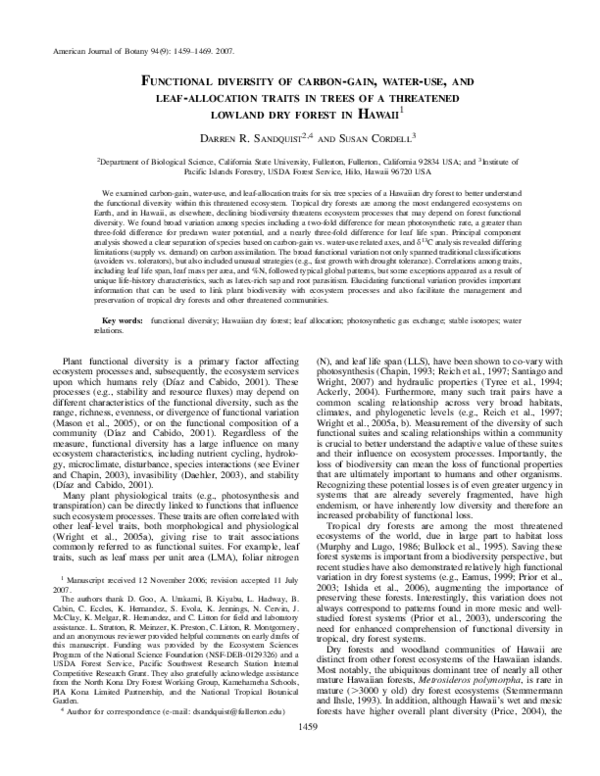 (PDF) Functional diversity of carbon‐gain, water‐use, and leaf ...