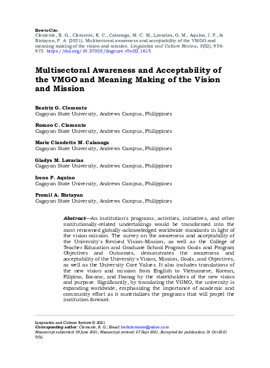 (PDF) Multisectoral awareness and acceptability of the VMGO and meaning ...