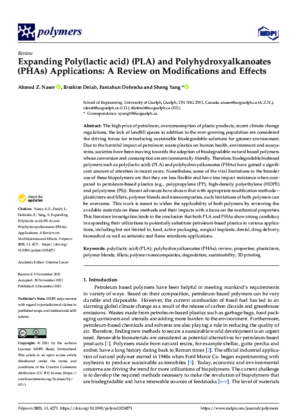 (PDF) Expanding Poly(lactic acid) (PLA) and Polyhydroxyalkanoates (PHAs ...