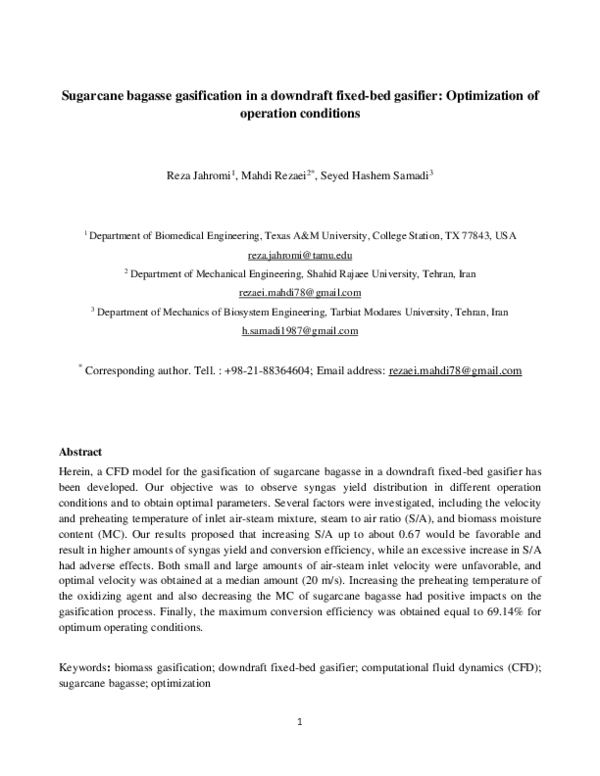 (PDF) Sugarcane Bagasse Gasification in a Downdraft Fixed-Bed Gasifier ...
