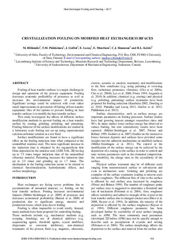 Crystallization fouling on modified heat exchanger surfaces