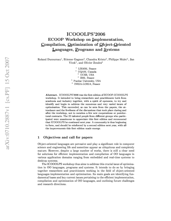 (PDF) Implementation, Compilation, Optimization of Object-Oriented Languages, Programs and Systems