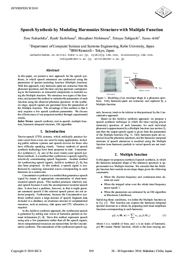 (PDF) Speech synthesis by modeling harmonics structure with multiple function | Masafumi ...