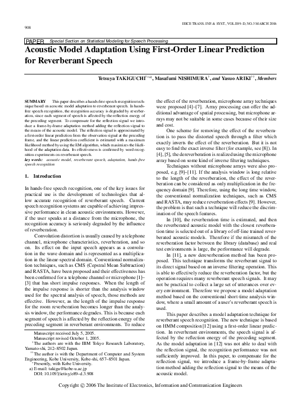 Pdf Acoustic Model Adaptation Using First Order Linear Prediction For