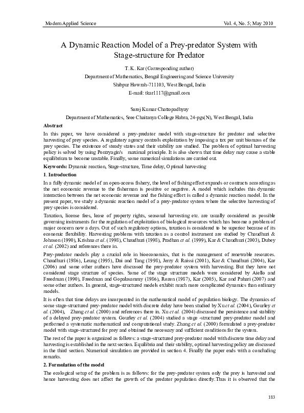 Pdf A Dynamic Reaction Model Of A Prey Predator System With Stage Structure For Predator