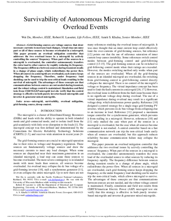 (PDF) Survivability of Autonomous Microgrid During Overload Events
