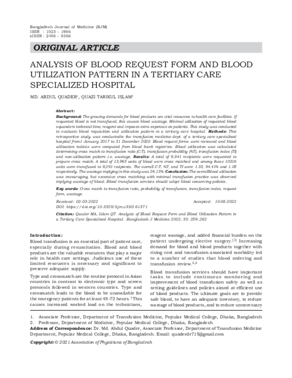 (PDF) Analysis of Blood Request Form and Blood Utilization Pattern in a ...