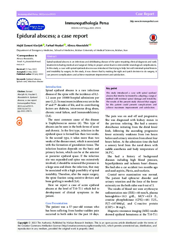 (PDF) Epidural abscess; a case report