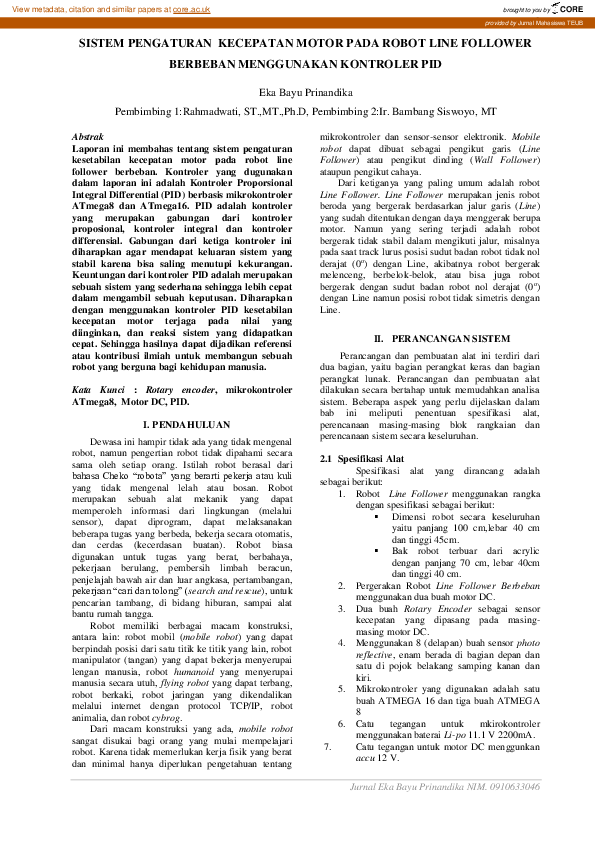 Pdf Sistem Pengaturan Kecepatan Motor Pada Robot Line Follower Berbeban Menggunakan Kontroler Pid