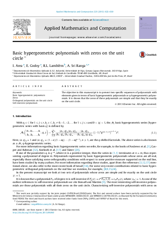 (PDF) Hypergeometric Polynomials with Zeros on the Unit Circle