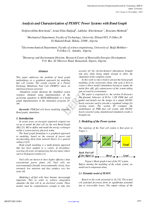 (PDF) Analysis and Characterization of PEMFC Power Systems with Bond Graph | Bouziane Mahmah ...