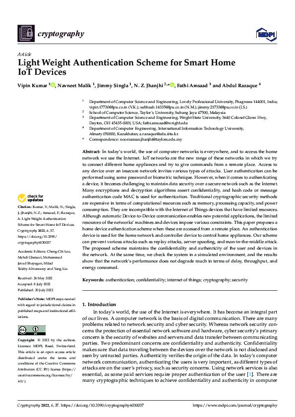 Pdf Light Weight Authentication Scheme For Smart Home Iot Devices Navneet Malik